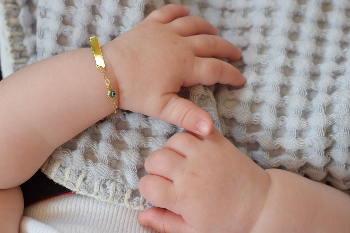 14k Solid Gold Baby Engraving ID Bracelet With Evil Eye Charm / Custom ...