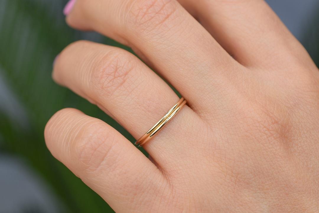 14k Solid Gold Zwei Ring Set 2mm Gold Stapelring Doppelring - Etsy.de