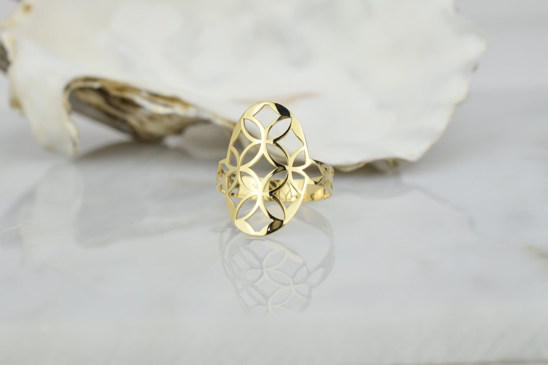 14k Solid Gold Floral Ring, Gold Flower Ring, Gold Leaf Ring, Statement ...