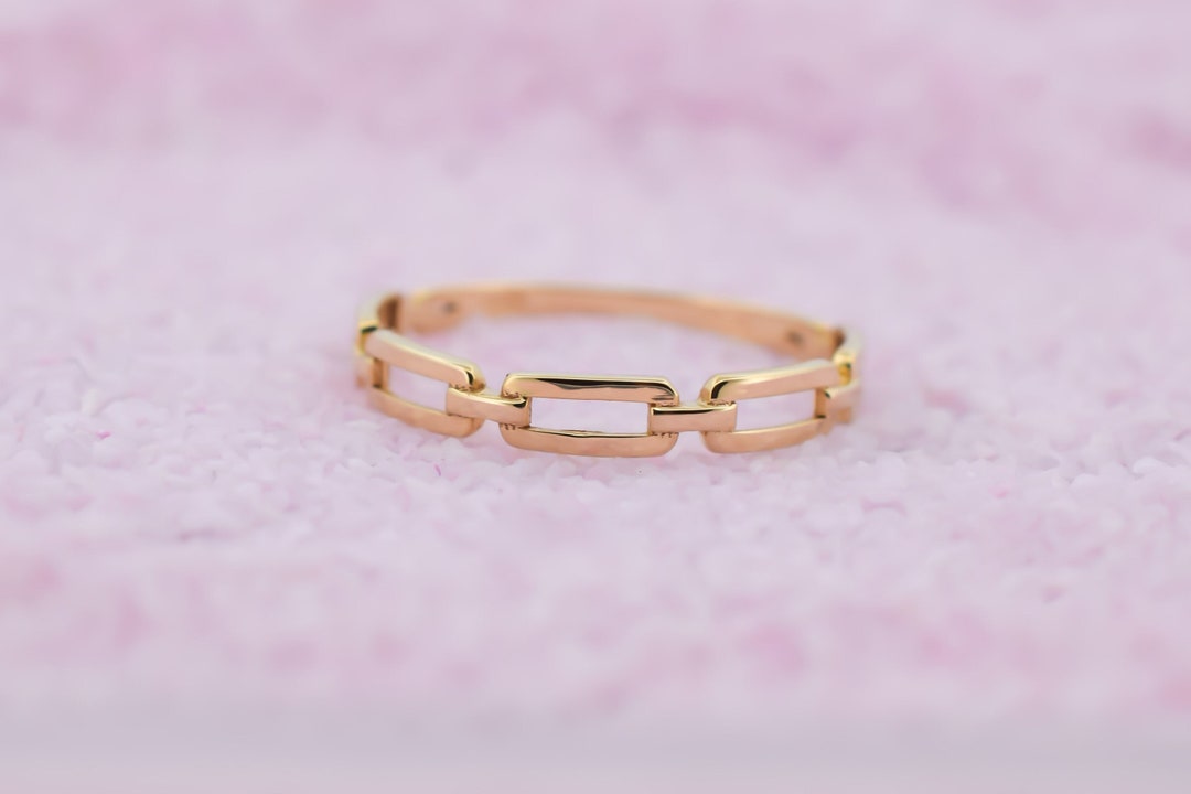 14k Solid Gold Chain Ring, Minimalist Link Chain Ring, Stacking Ring ...