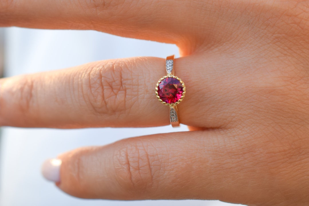 1.3ct 14k Solid Gold Diamond Red Ruby Topaz Ring, Engagement Ring ...