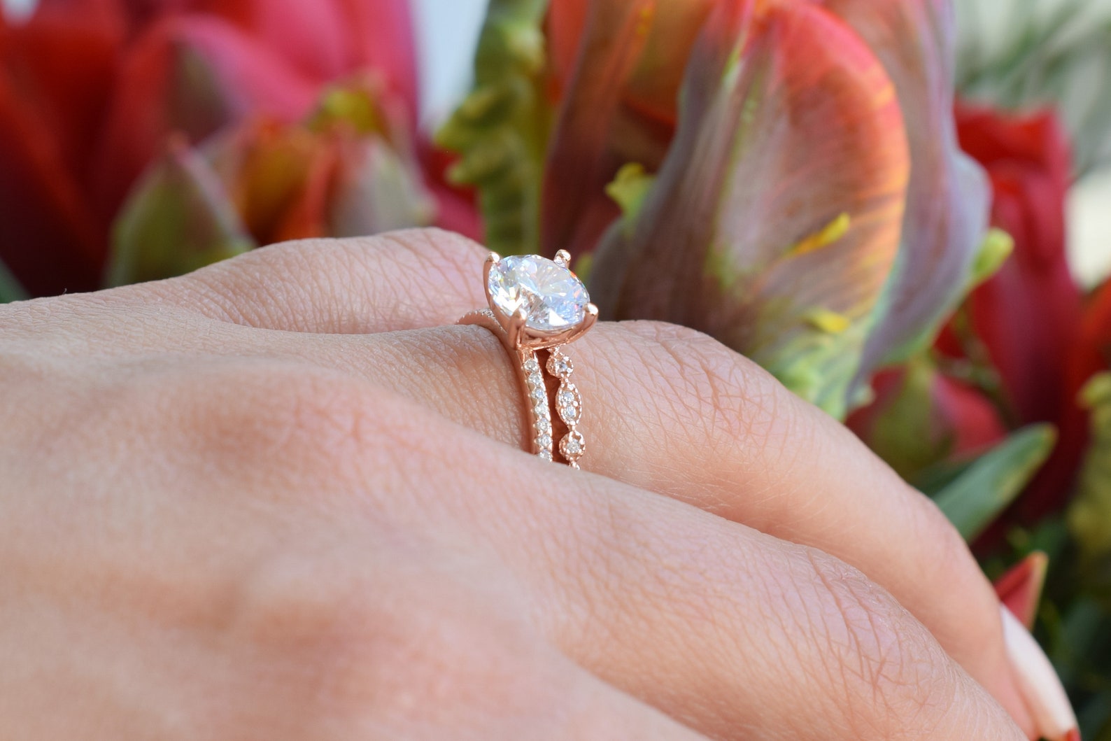 2.2ct Rose Gold Solitaire Ring Set,wedding Ring Set,promise Ring ...