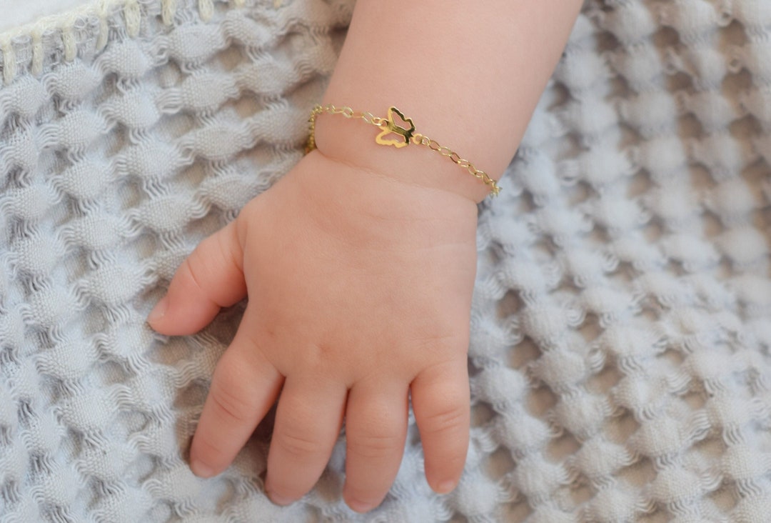 14k Solid Gold Baby Bracelet With Butterfly Charm / Adjustable Toddler ...