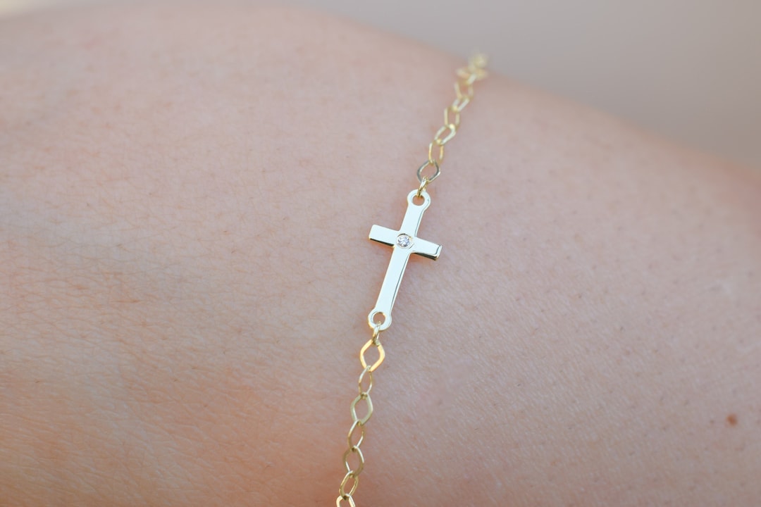 14k Solid Gold Diamond Cross Bracelet, Protection Bracelet ...