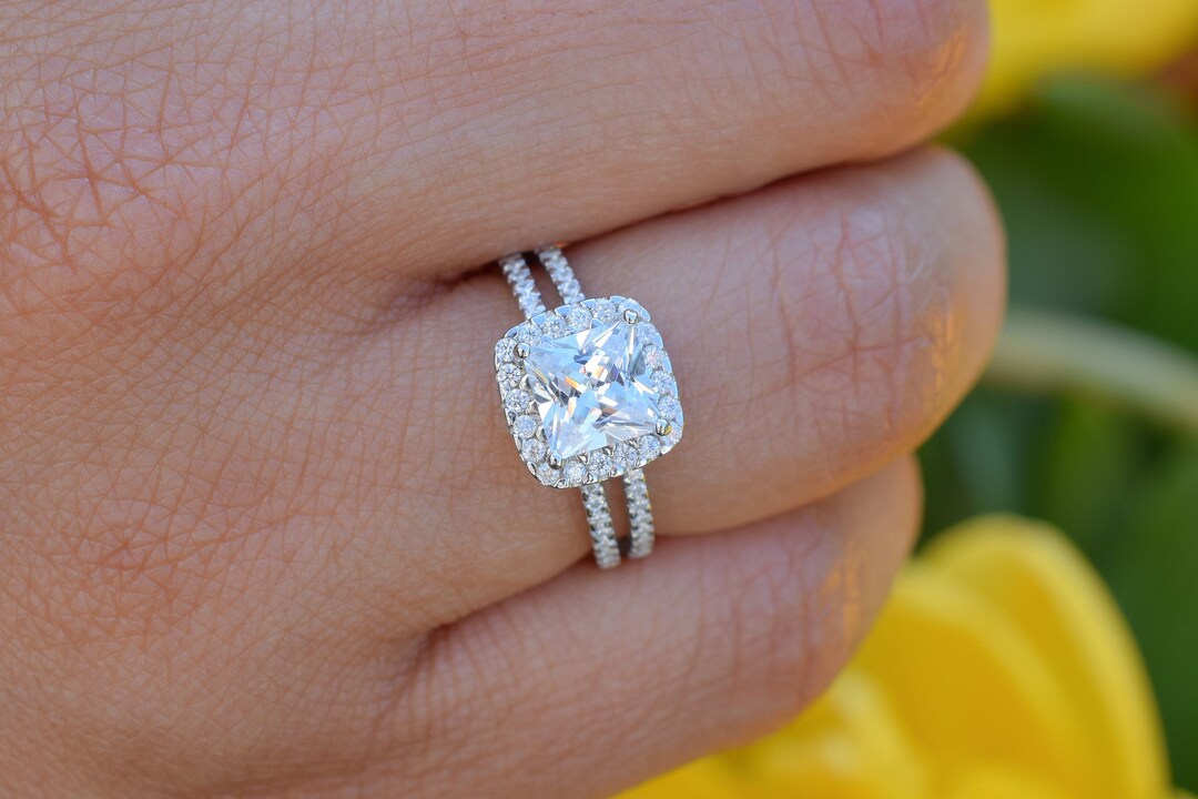2 Ct Double Halo Engagement Ring, Wedding Ring,square Halo Ring ...