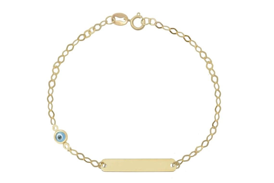 14k Solid Gold Baby Engraving ID Bracelet With Evil Eye Charm / Custom ...