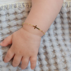 14k Solid Gold Baby Bracelet With Cross Charm / Adjustable Toddler ...
