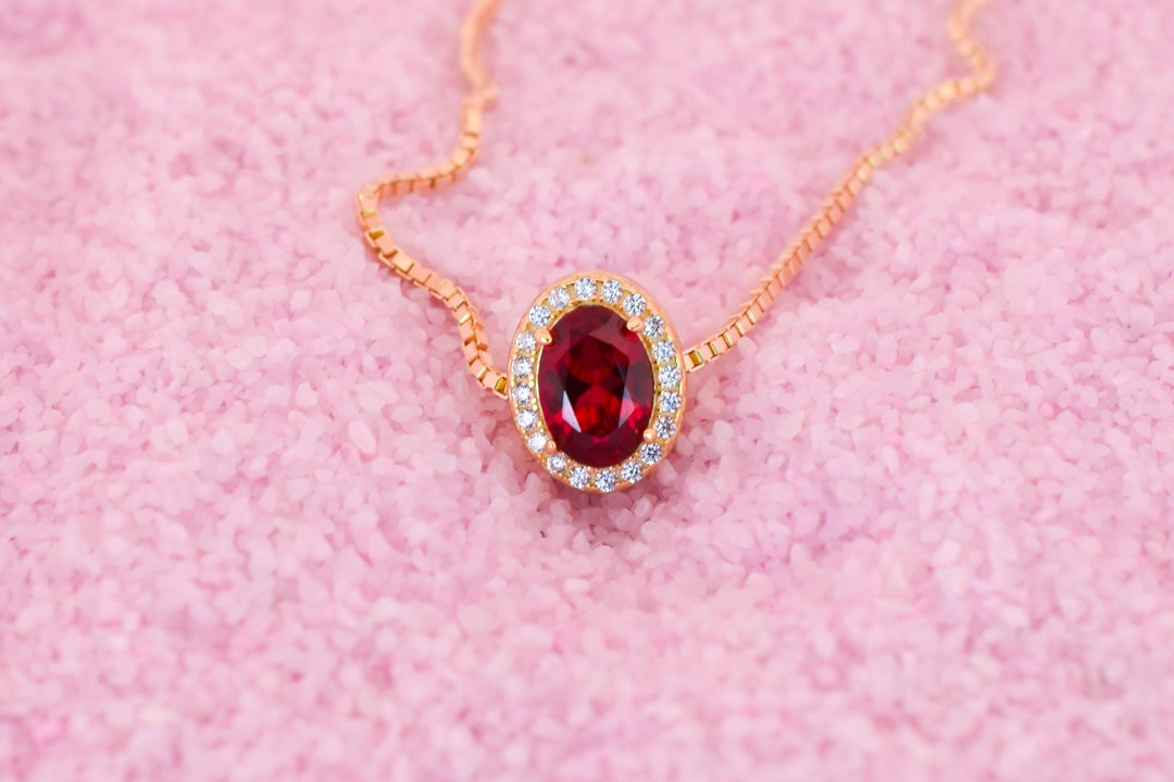 1 Ct 18k Gold Ruby Necklace, Ruby Oval Pendant, July Birthstone, Chain ...