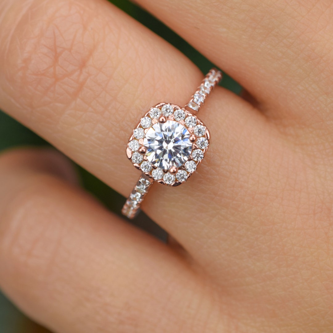 0.75 Ct Rose Gold Square Halo Ring, Engagement Ring, Promise Ring ...