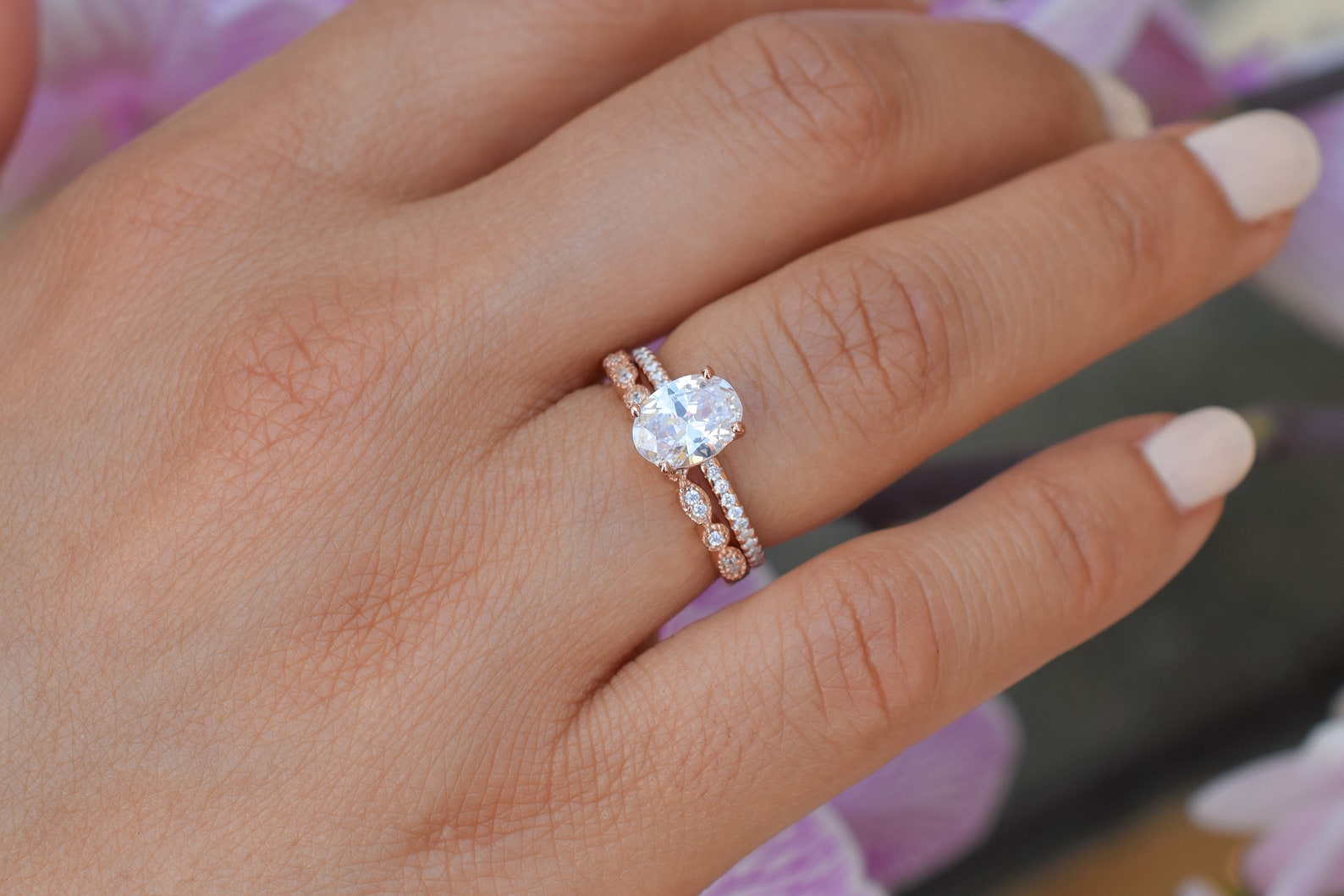 1.75ct Rose Oval Ring Set, Wedding Ring Set, Oval Ring, Engagement Ring ...