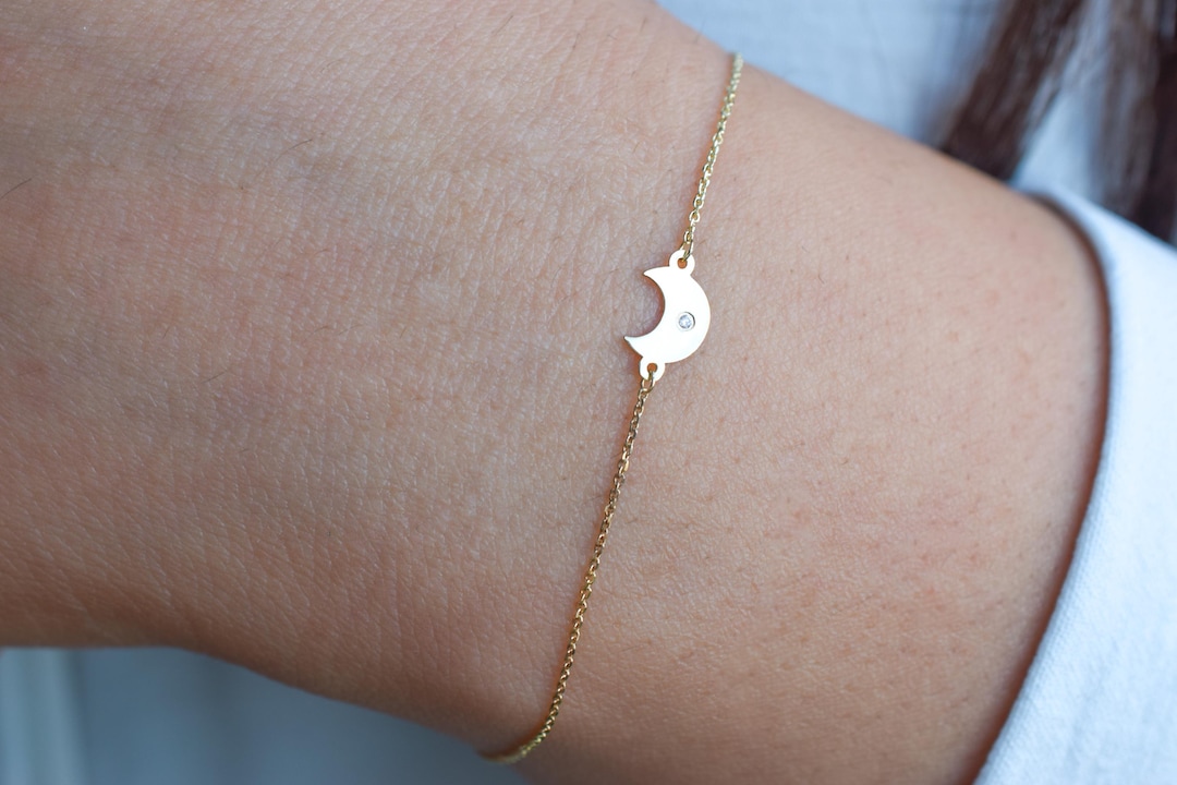 14k Solid Gold Diamond Moon Charm Bracelet, Half Moon Bracelet, Crescent Moon Bracelet Gold ...