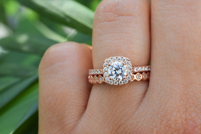 1.1ct Rose Gold Square Ring Set Bridal Ring Set Engagement - Etsy