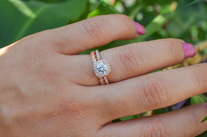1.1ct Rose Gold Square Ring Set Bridal Ring Set Engagement | Etsy