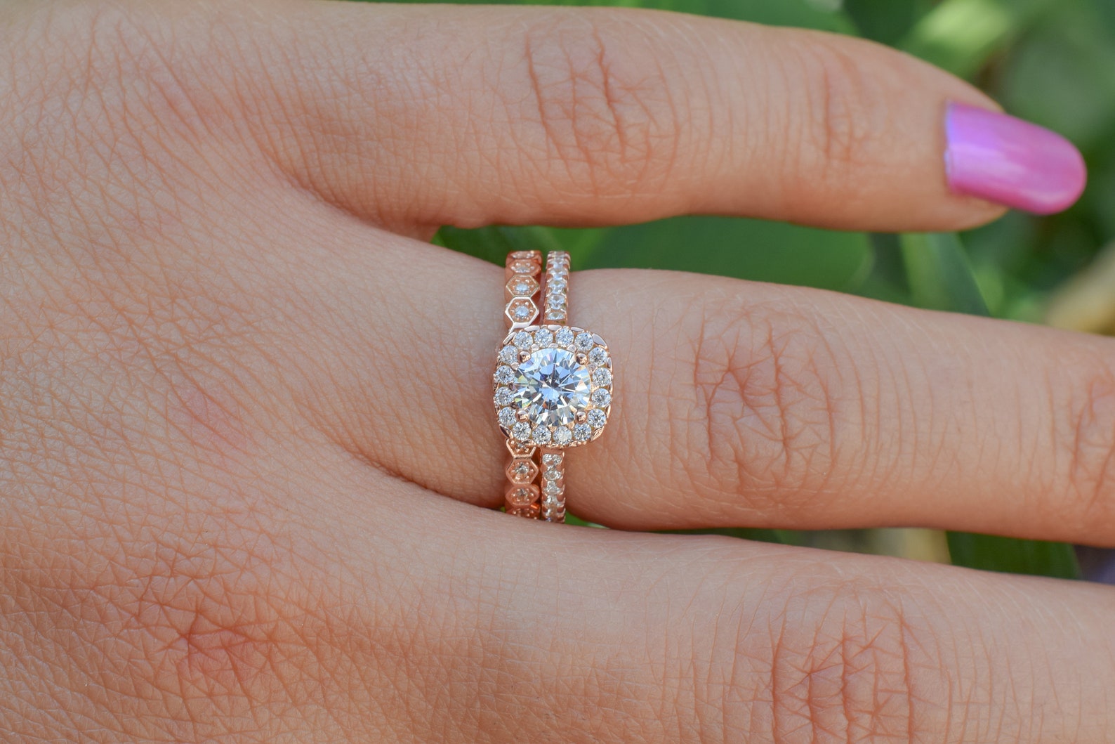 1.1ct Rose Gold Square Ring Set Bridal Ring Set Engagement - Etsy