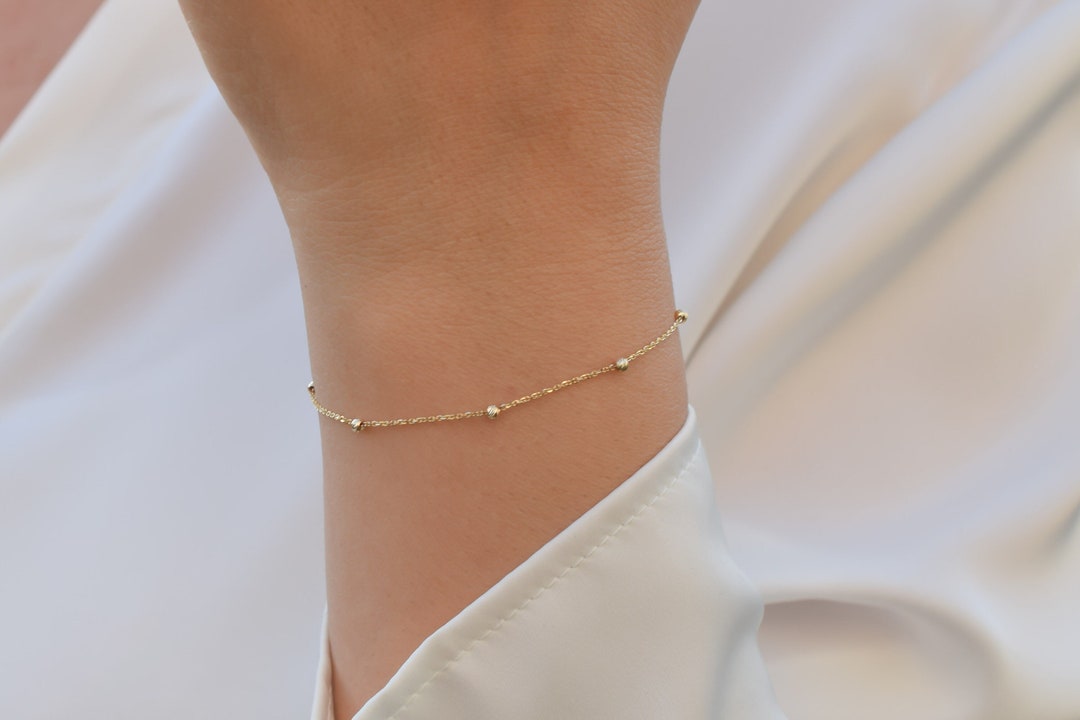 14k Solid Gold Bead Bracelet, Dainty Diamond-cut Ball Bracelet Gift for ...