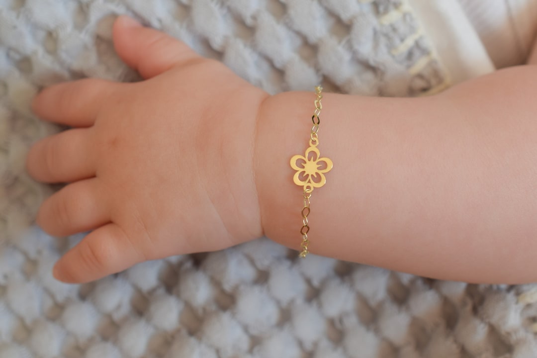 14k Solid Gold Baby Bracelet With Flower Charm / Adjustable Toddler ...