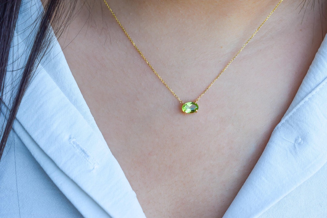 14k Solid Gold Oval Peridot Necklace, 14k Peridot Pendant, Peridot ...