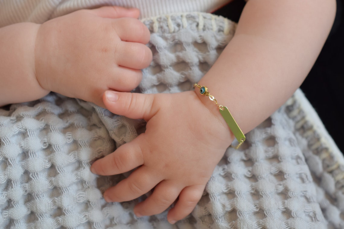14k Solid Gold Baby Engraving ID Bracelet With Evil Eye Charm / Custom ...