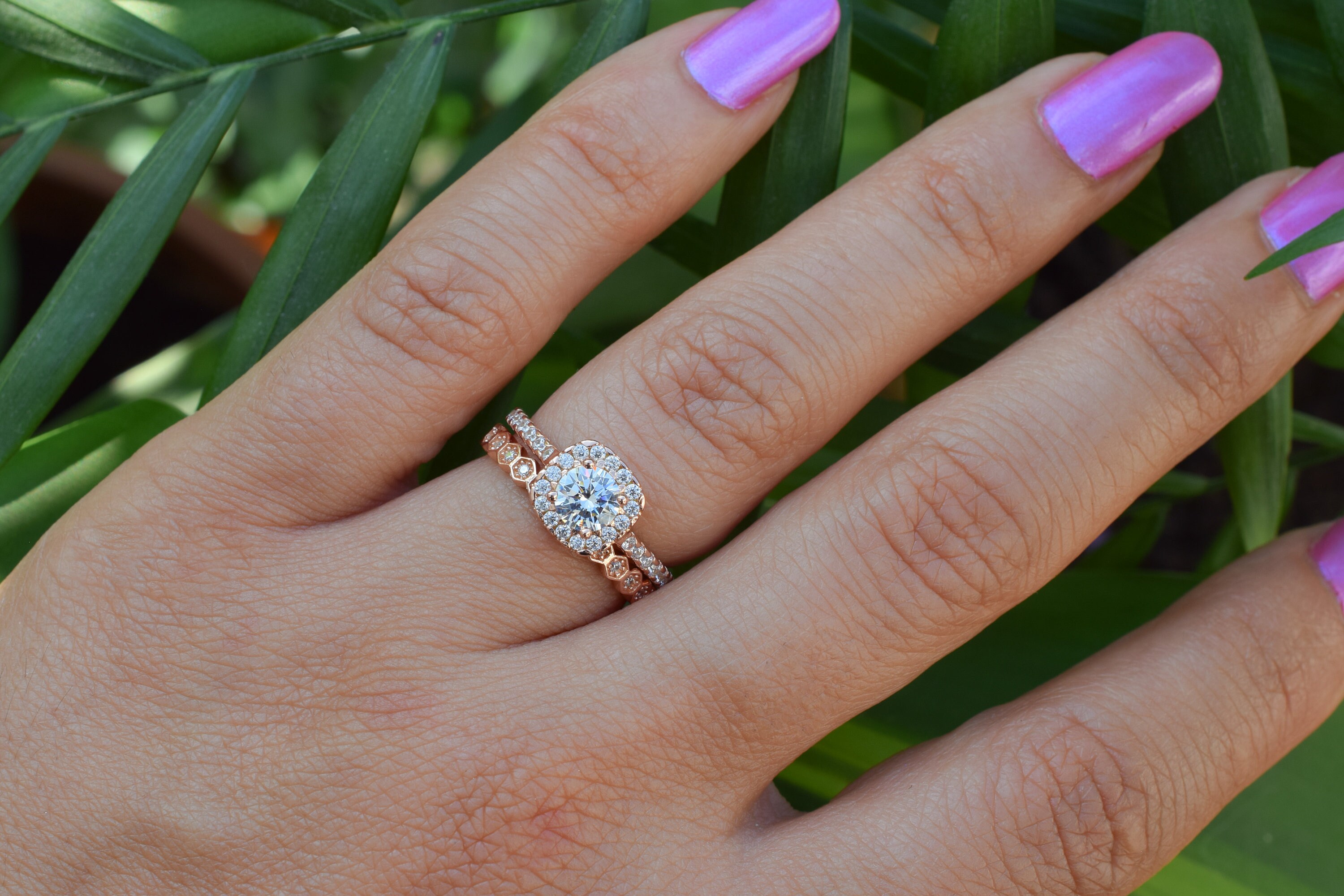 1.1ct Rose Gold Square Ring Set Bridal Ring Set Engagement | Etsy