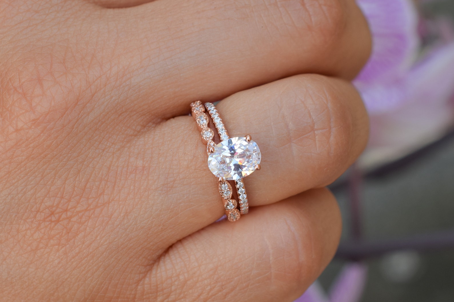 1.75ct Rose Oval Ring Set, Wedding Ring Set, Oval Ring, Engagement Ring ...