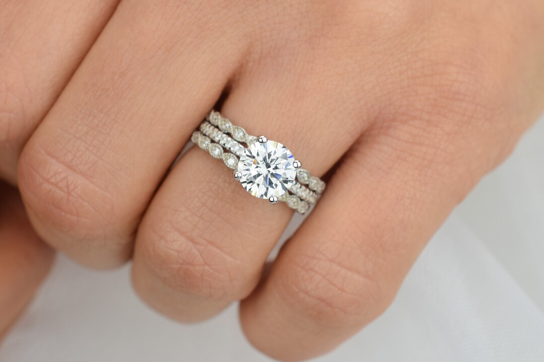 3ct Bridal Three Ring Set, Solitaire Ring Set, Promise Ring, Engagement ...