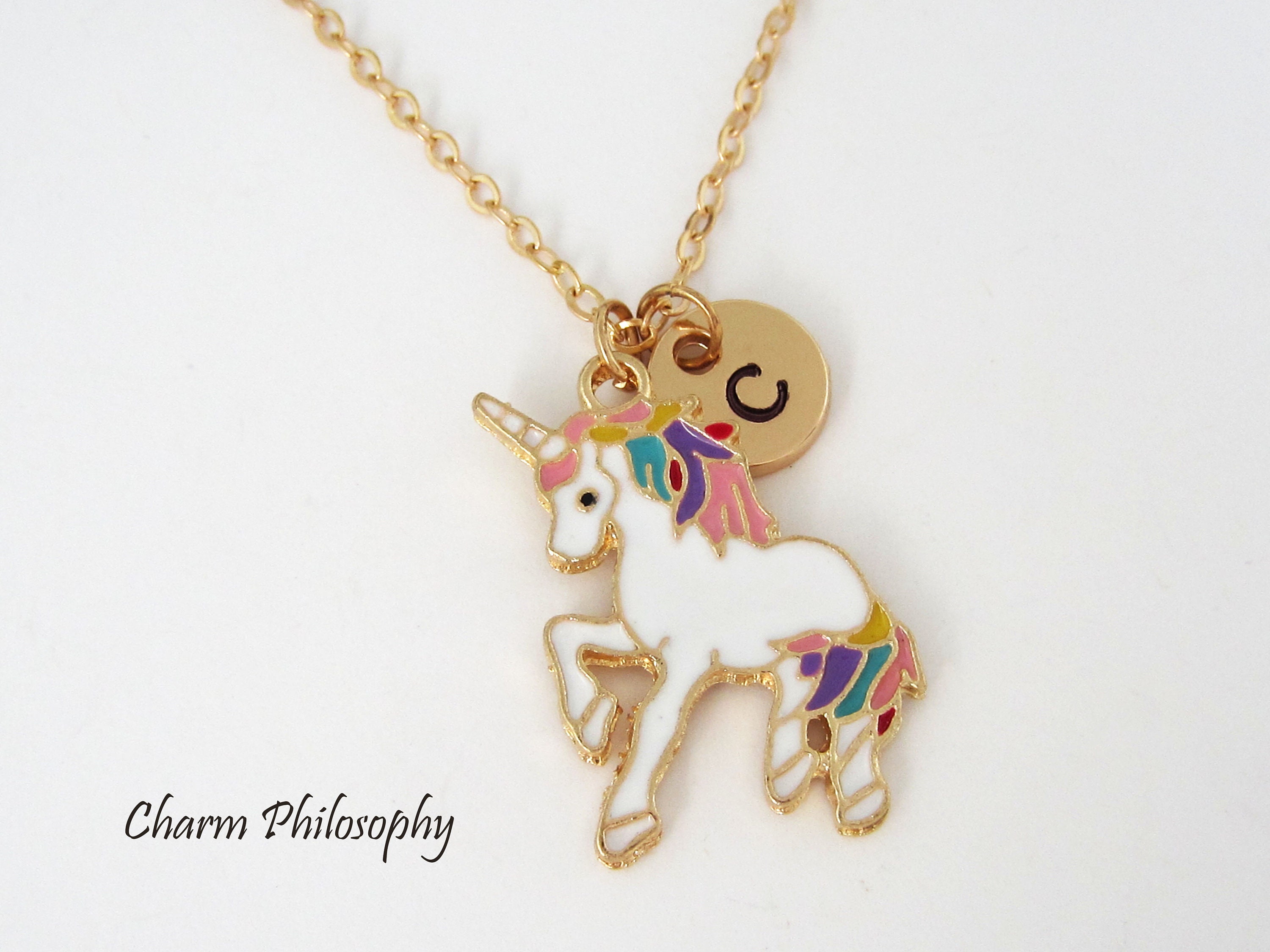 Gold Unicorn Necklace Enamel White Unicorn Charm Monogram - Etsy