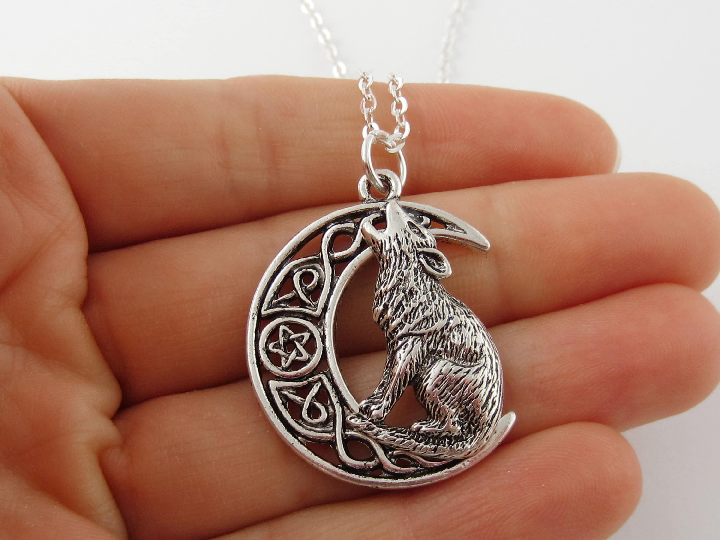 Celtic Wolf Necklace - Antique Silver Celtic Moon With Pentagram Star ...