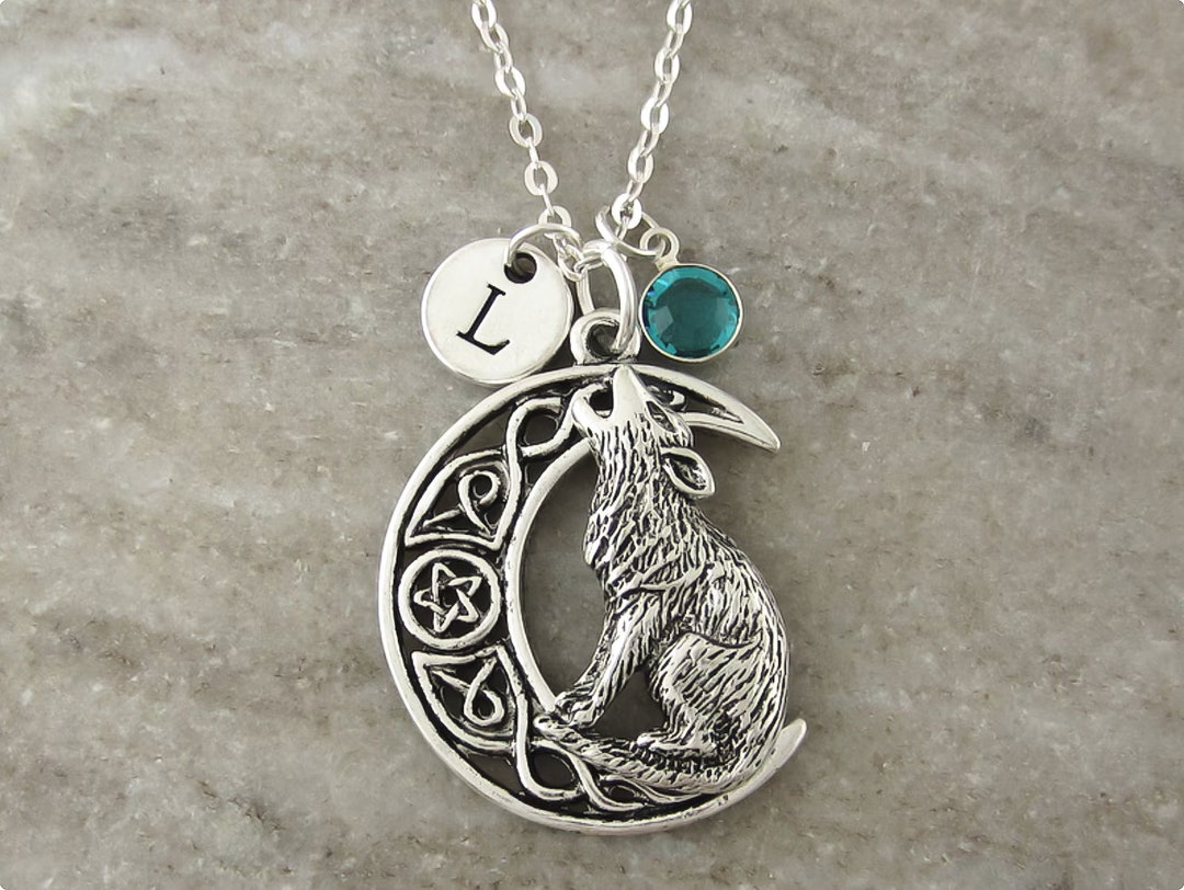 Celtic Wolf Necklace: Antique Silver Celtic Moon With Pentagram Star ...
