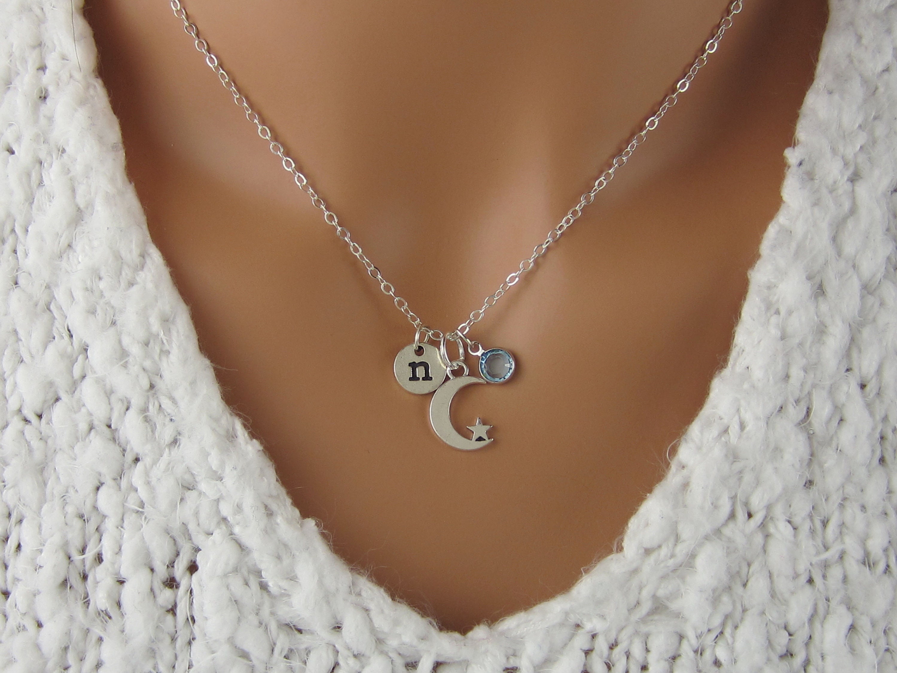 Moon and Star Necklace Crescent Moon Necklace Monogram | Etsy