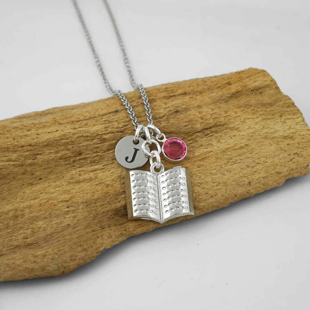 Open Book Necklace – Personalized Initial & Birthstone Charm, Reader ...
