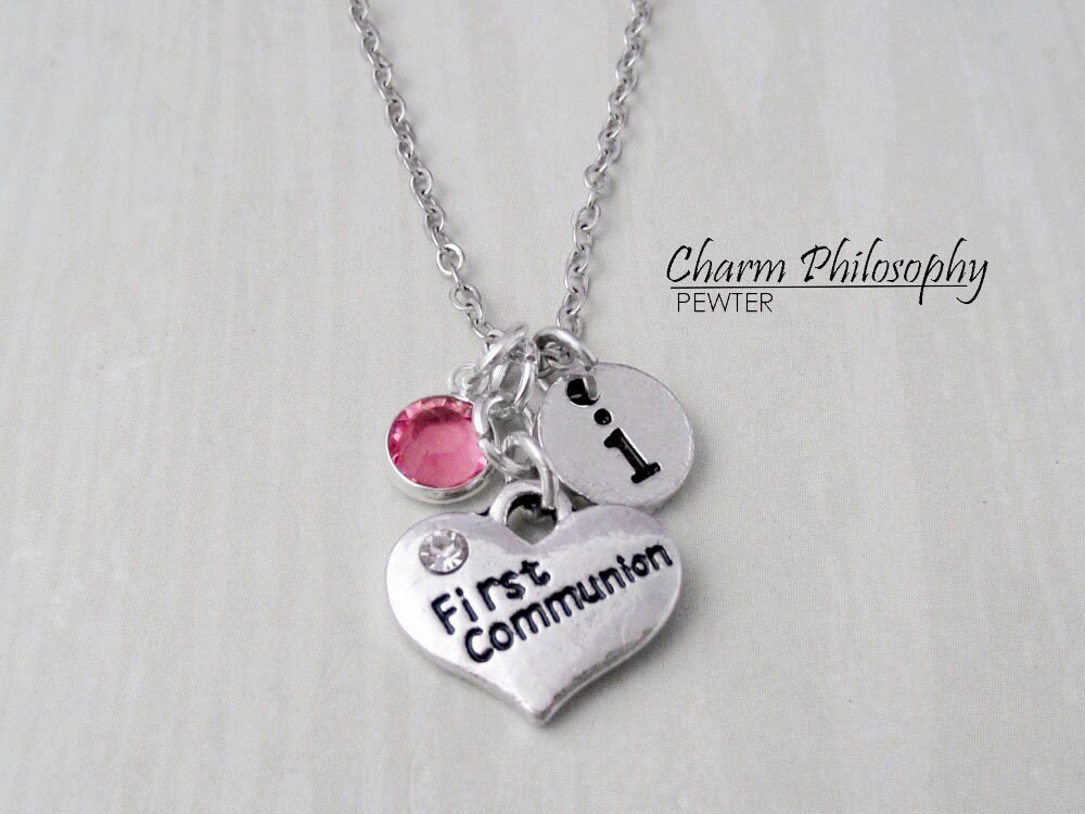 First Communion Necklace Antique Silver Jewelry Monogram | Etsy