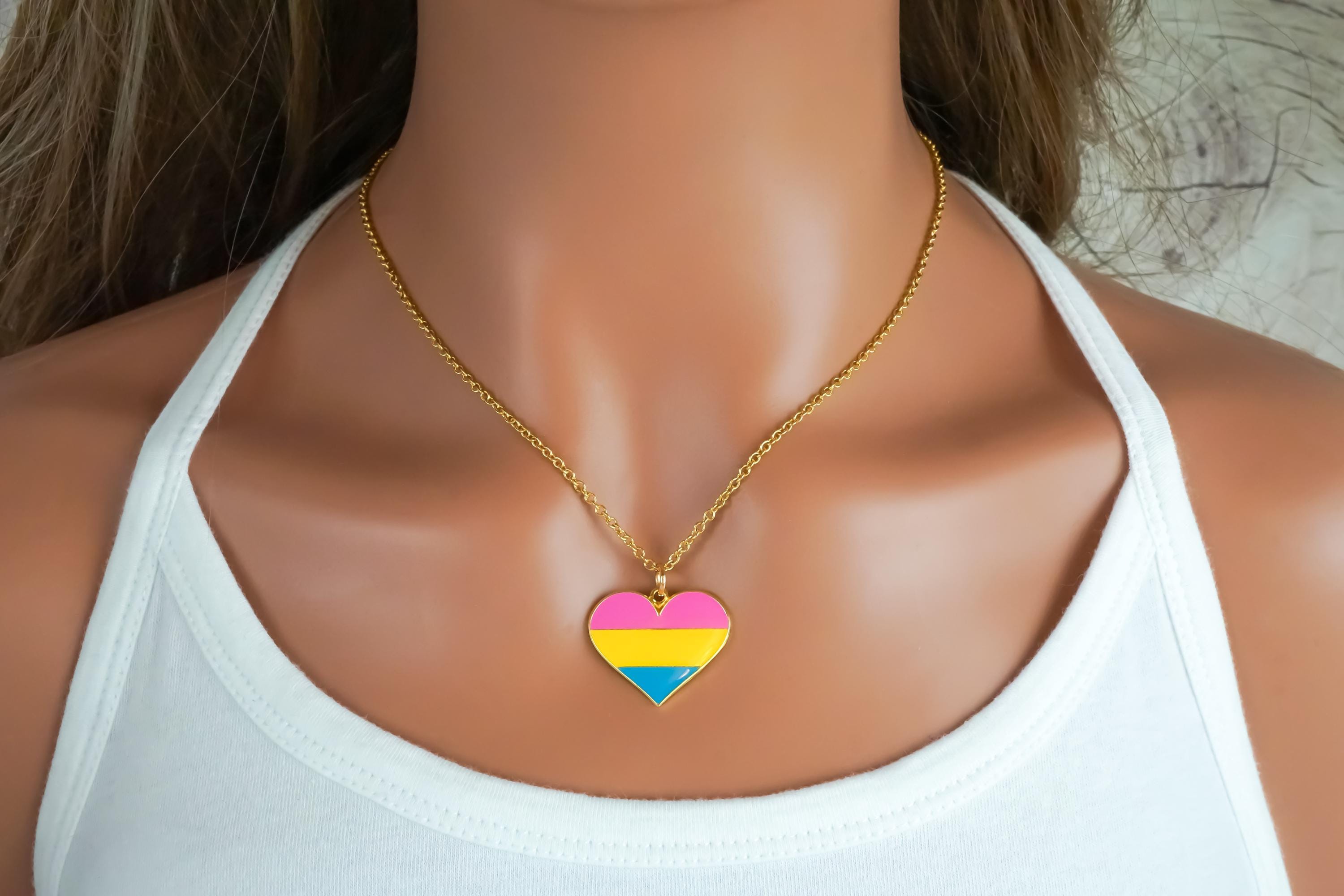 LGBTQ Pride Flag Necklace - Heart Flag Charm Necklace - Gold and Enamel ...