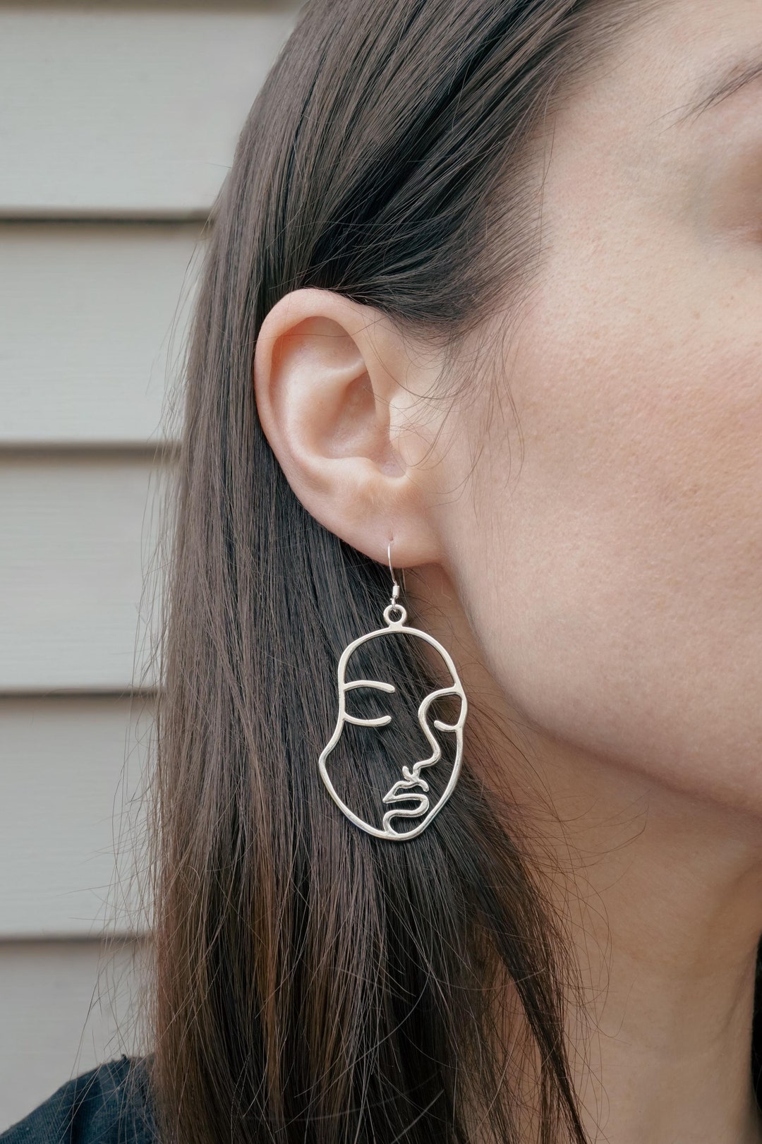 Large Face Line Art Earrings Antique Silver Line Art Drawing Earrings ...