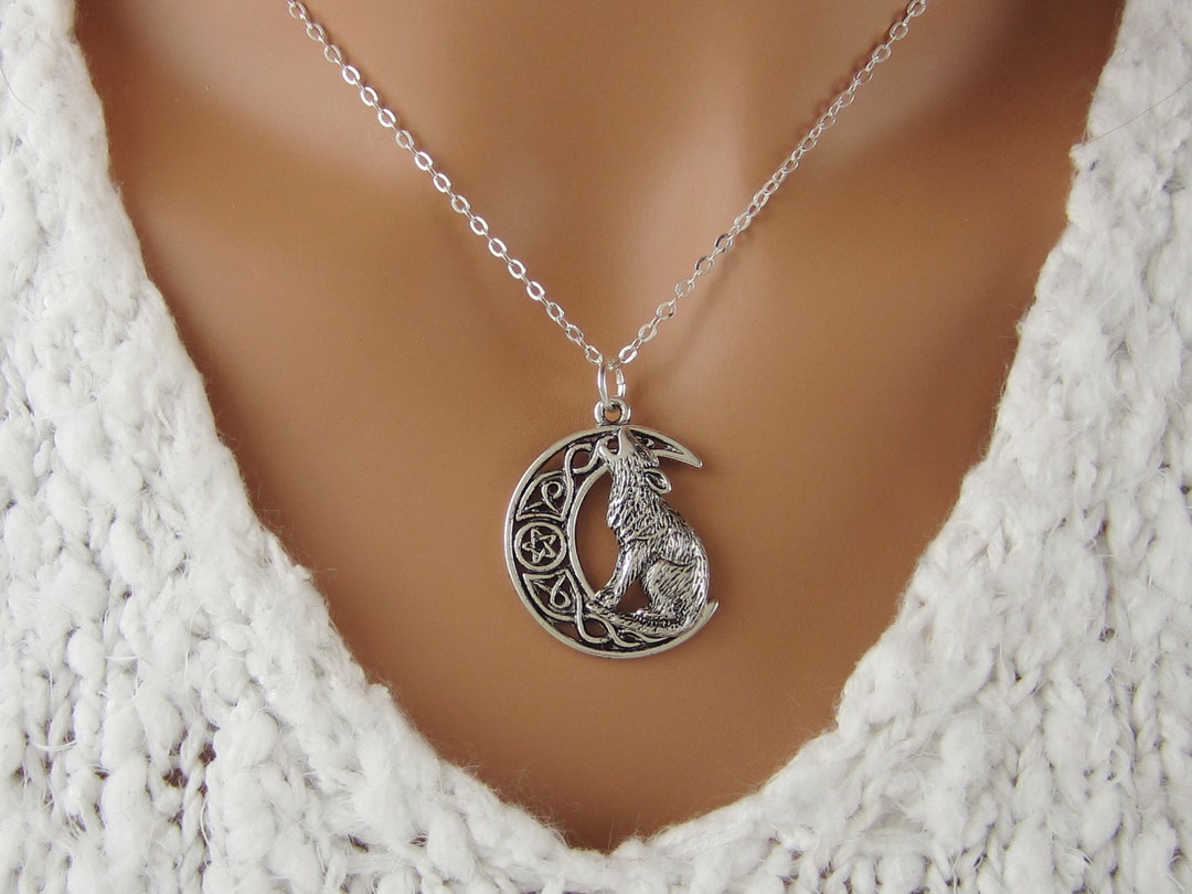 Celtic Wolf Necklace Antique Silver Celtic Moon With Pentagram Star Pendant Howling Wolf Celtic