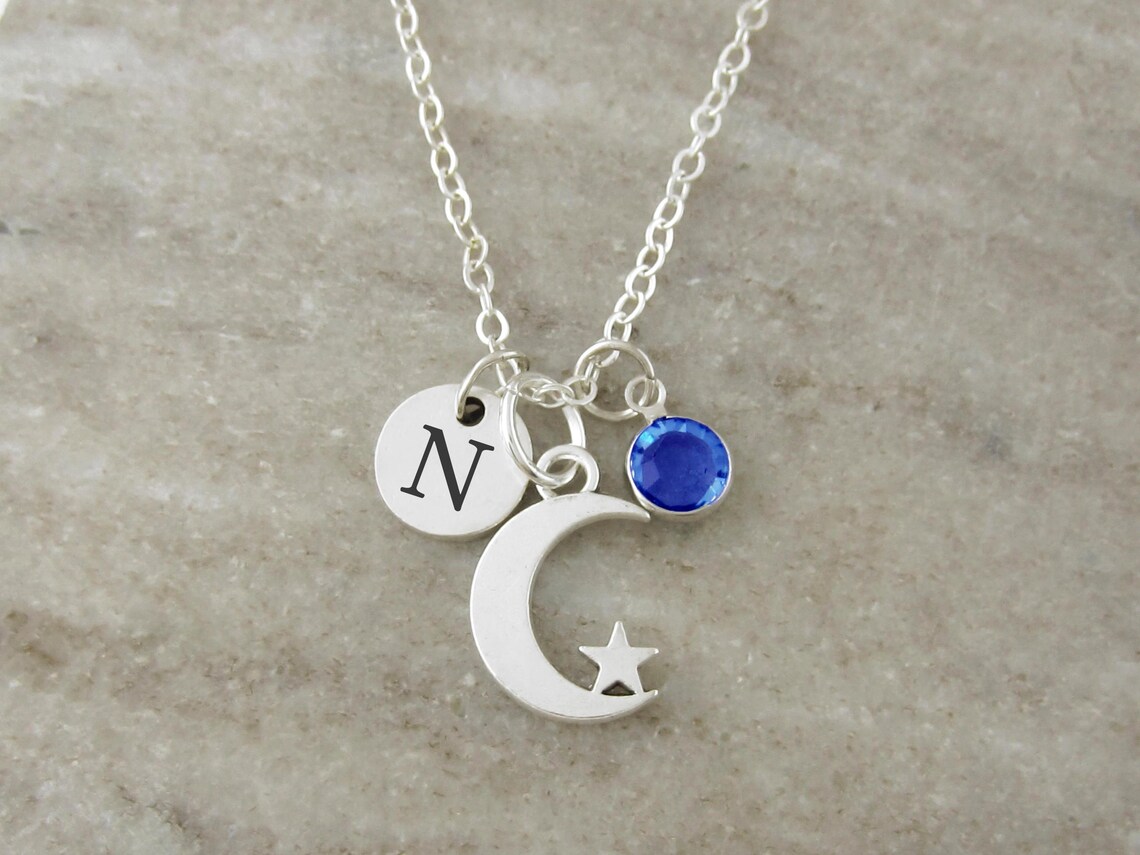 Moon and Star Necklace - Crescent Moon Necklace - Monogram Personalized ...