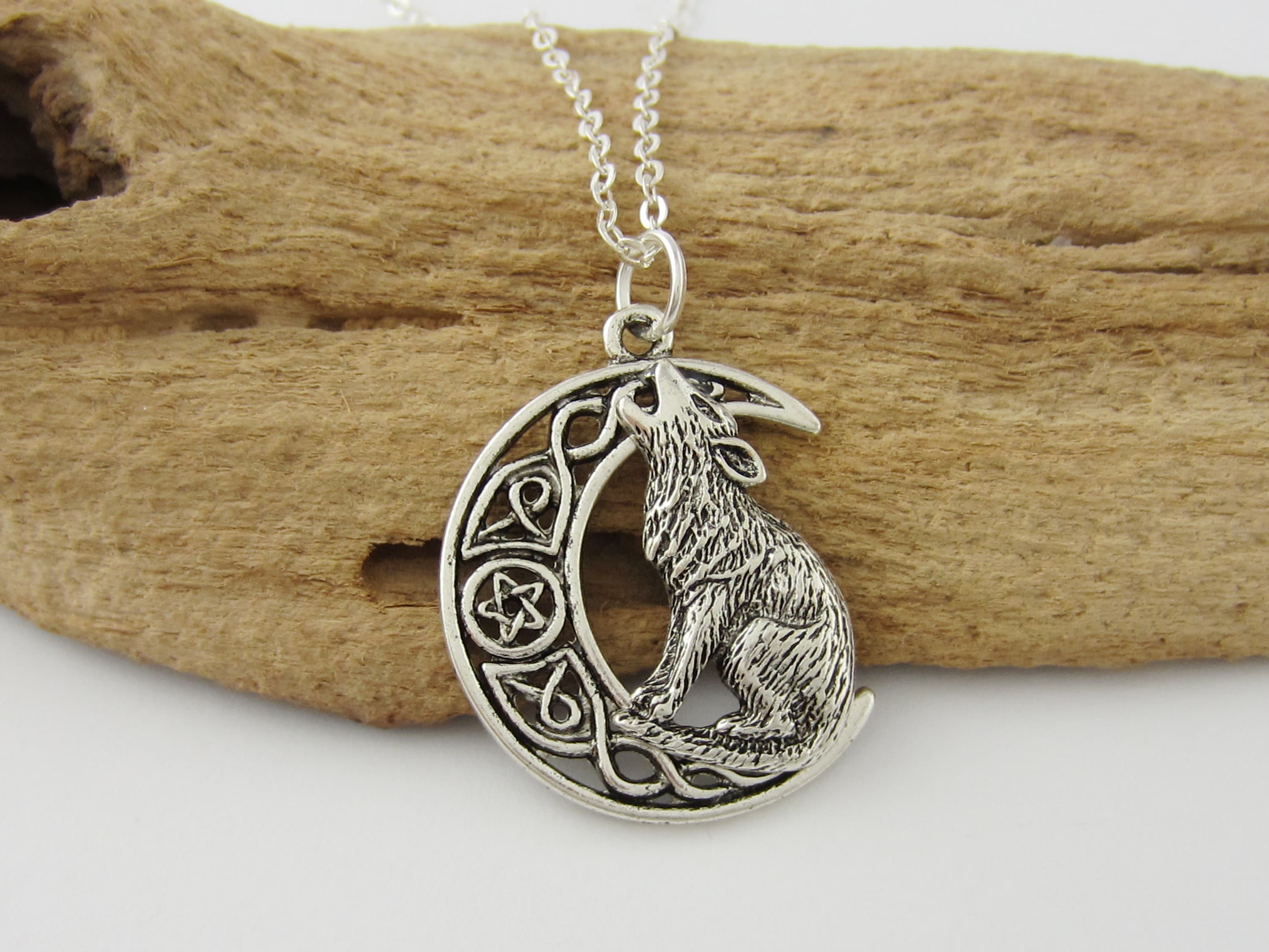 Celtic Wolf Necklace - Antique Silver Celtic Moon With Pentagram Star ...