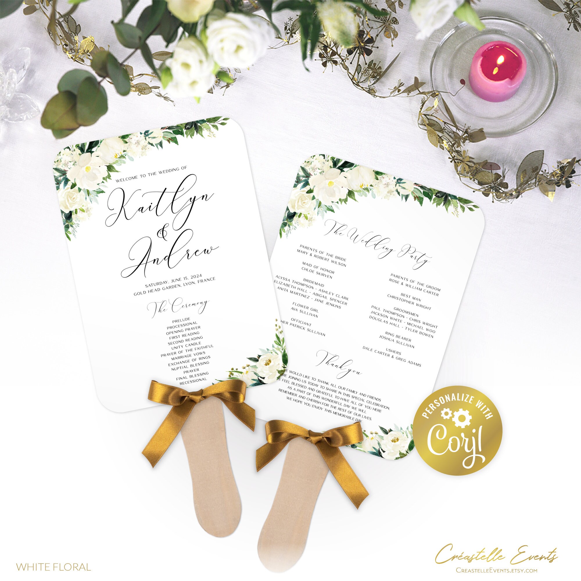 White Floral Wedding Program Template, Watercolor Roses Editable 5x7 ...