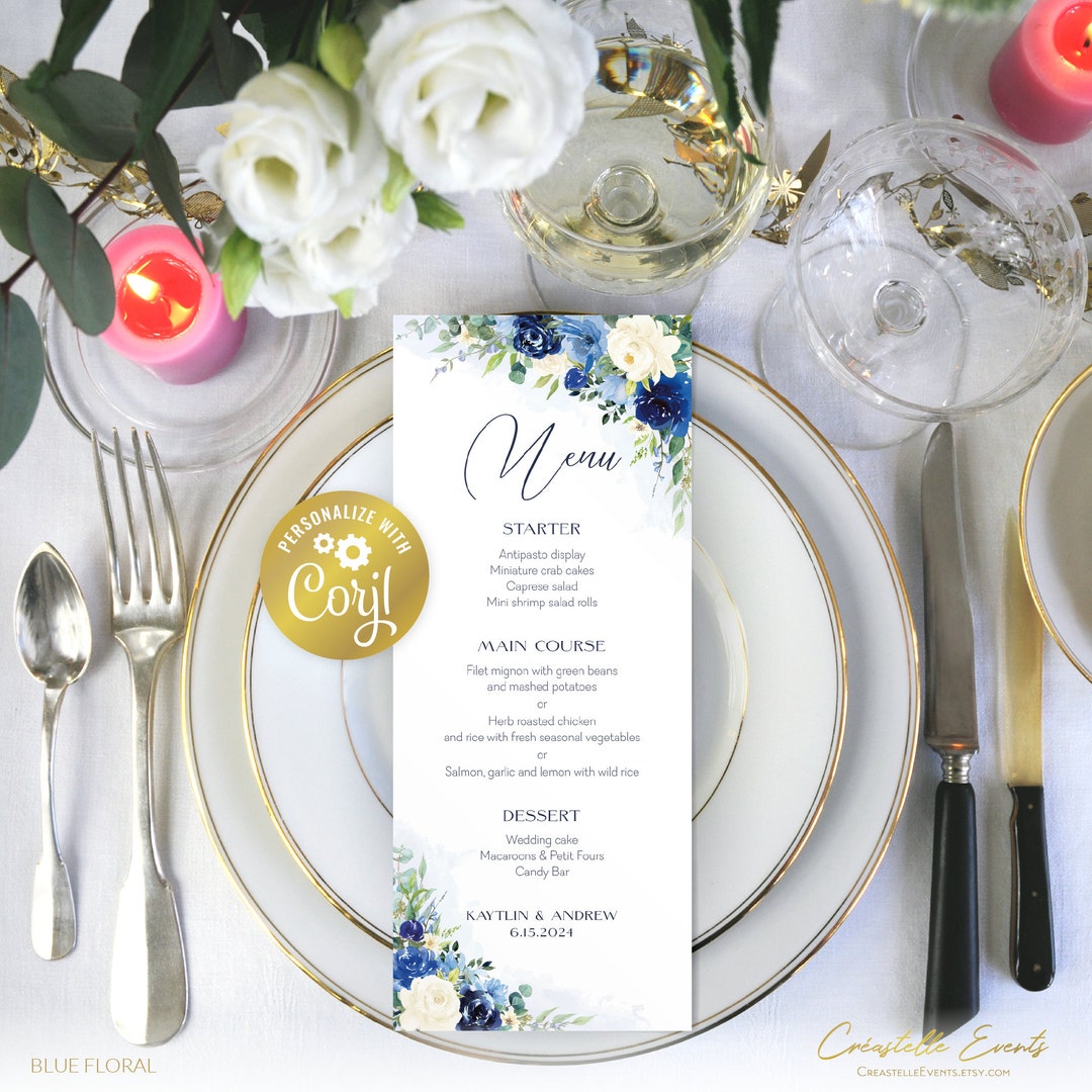Blue Floral Wedding Menu Template Editable 3.75x9 Menu - Etsy