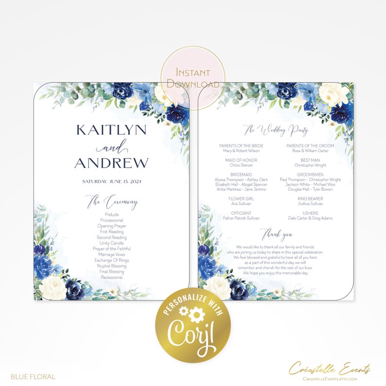 Blue Floral Wedding Program Template, Navy and Cream Editable 5x7 ...