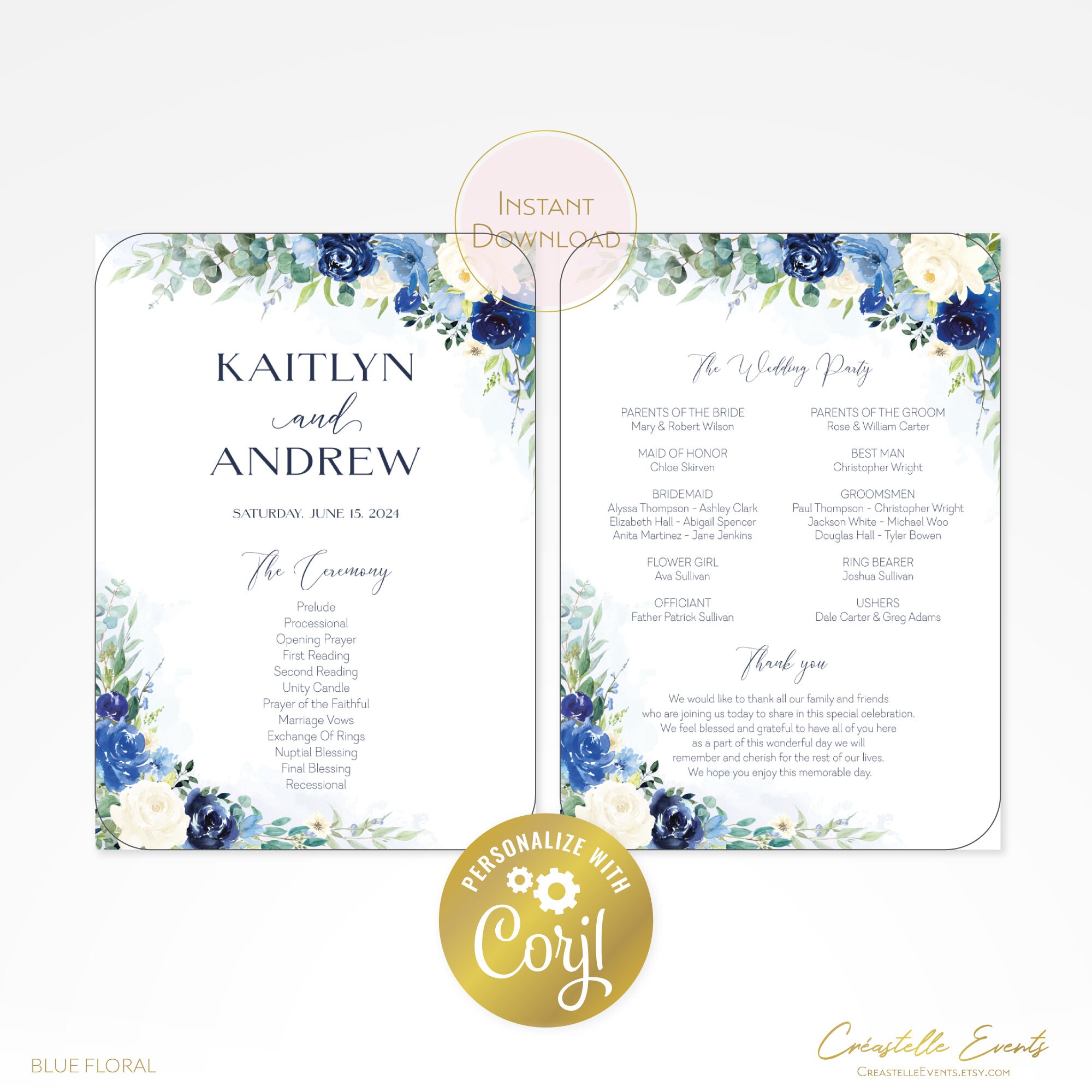 Blue Floral Wedding Program Template, Navy and Cream Editable 5x7 ...