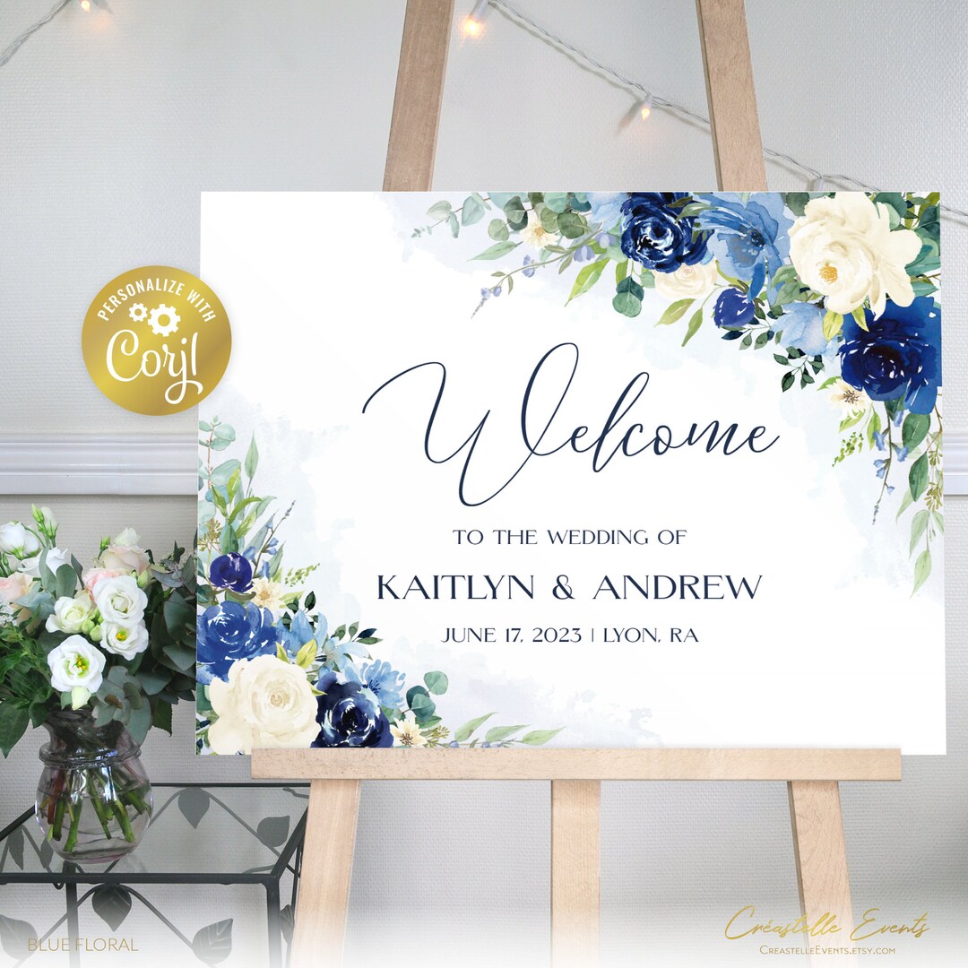Blue Floral Wedding Sign Template, Navy and Cream Landscape Editable ...