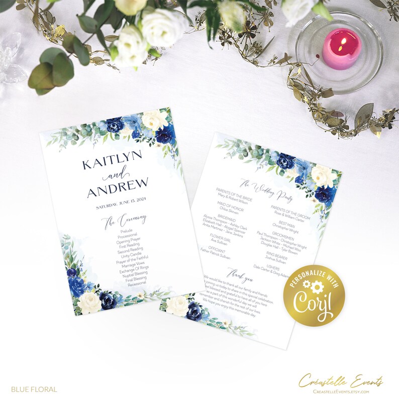Blue Floral Wedding Program Template, Navy and Cream Editable 5x7 ...