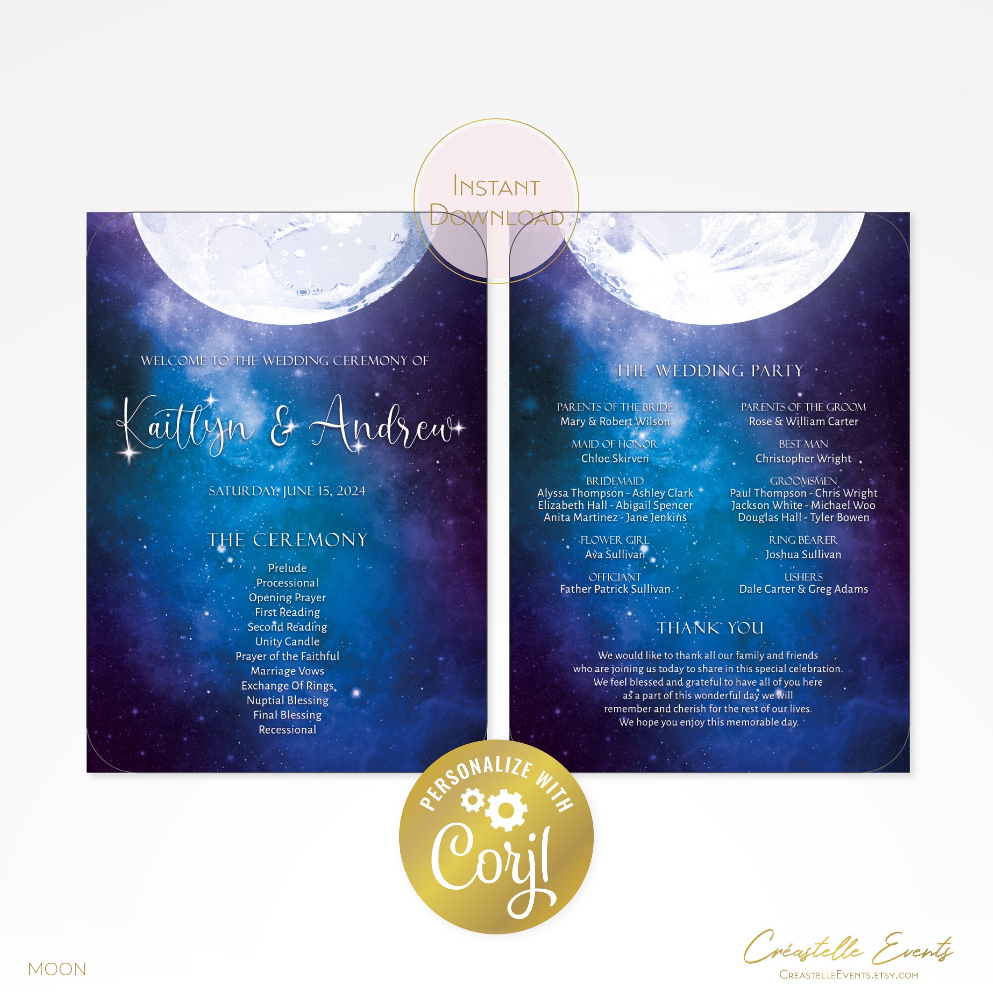 Moon Wedding Program Template, Night Sky Editable 5x7 Ceremony Program ...