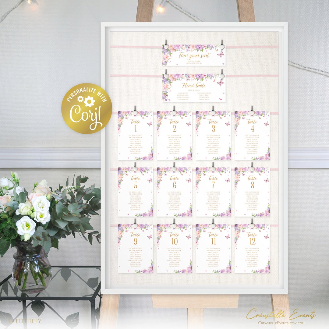 Butterfly Seating Chart Template, Gold and Lavender Seating Plan ...