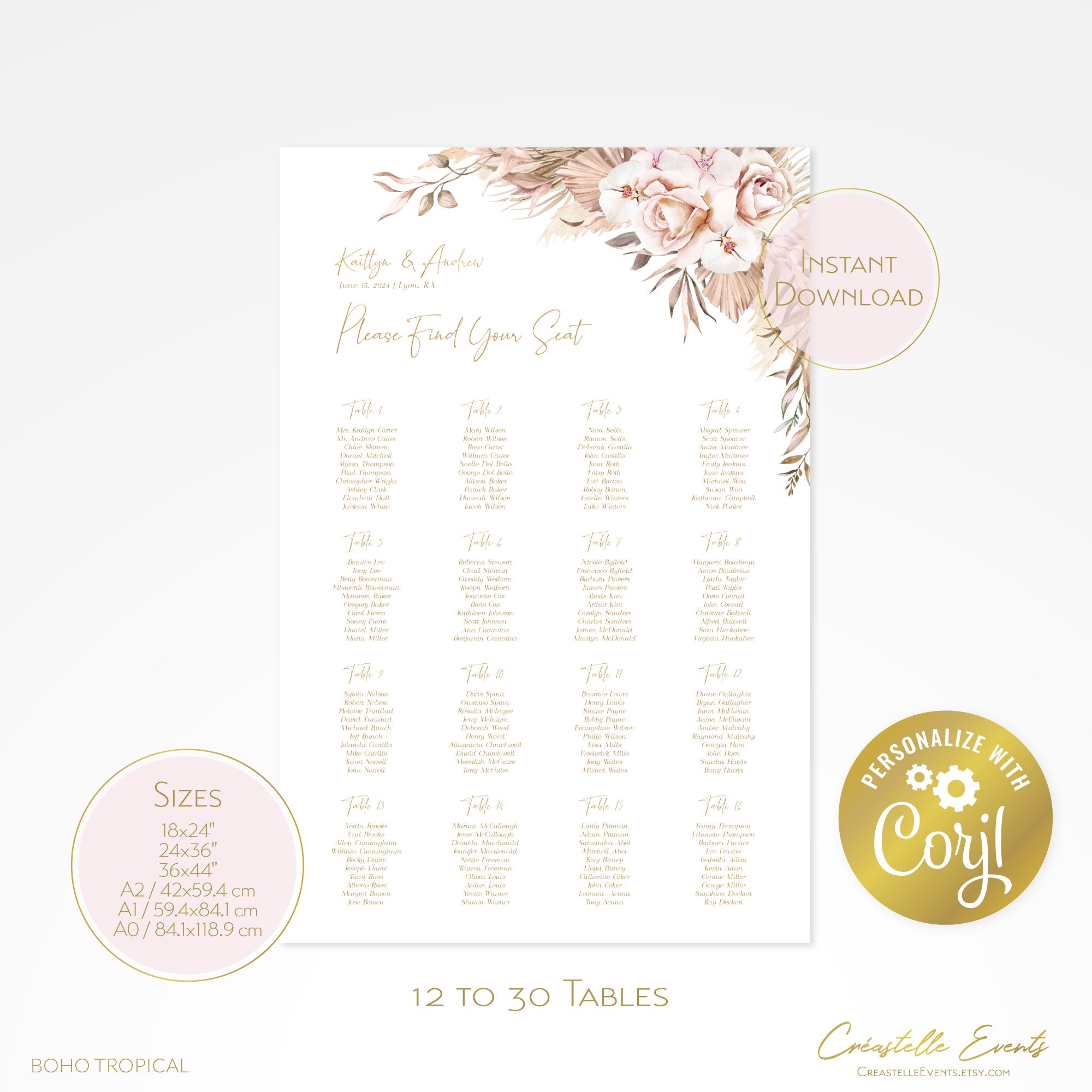 Boho Tropical Seating Chart Template Pampas Grass Portrait - Etsy