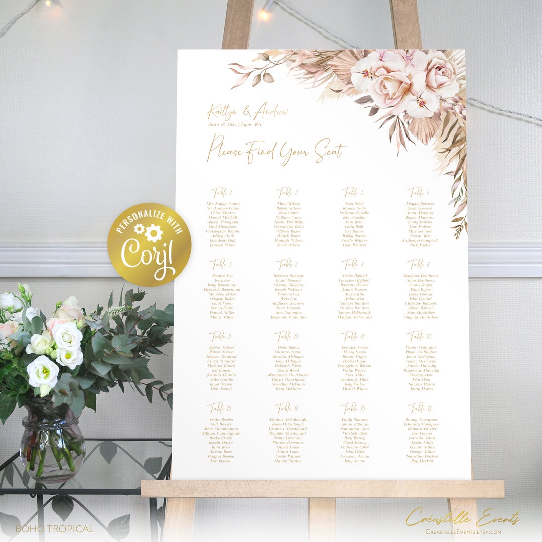 Boho Tropical Seating Chart Template Pampas Grass Portrait - Etsy