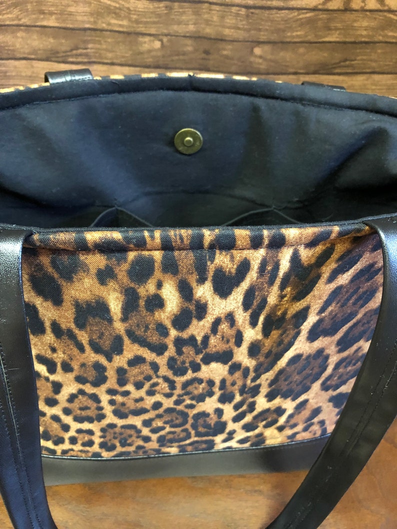 Large Leopard Skin Print Tote Bag With Faux Leather Botton and Straps ...