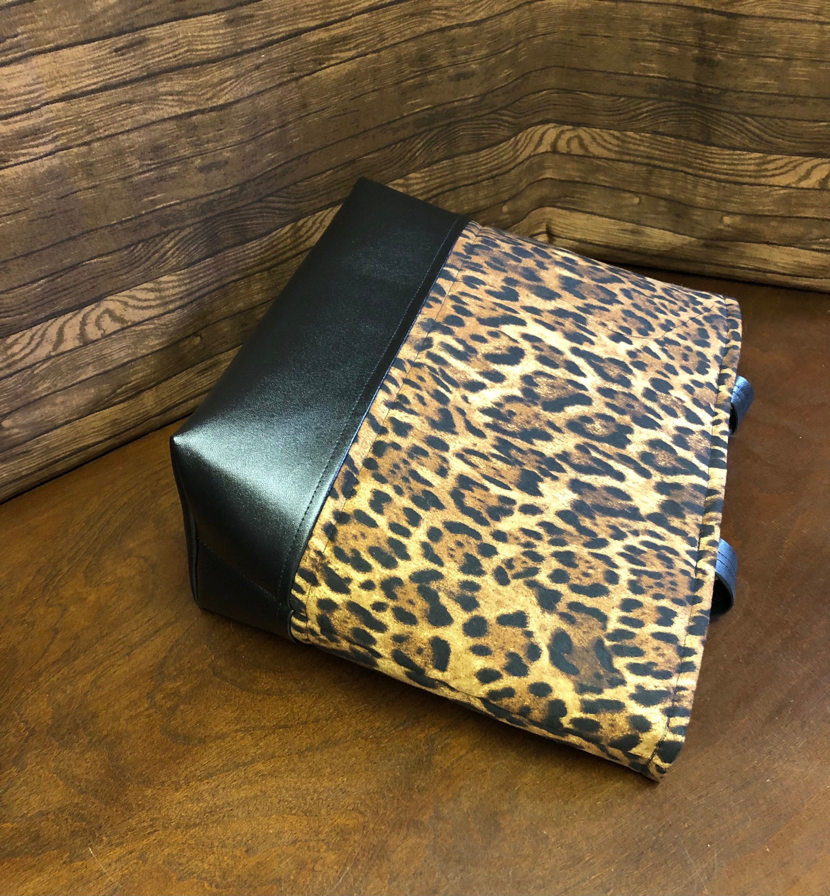Large Leopard Skin Print Tote Bag With Faux Leather Botton and Straps ...
