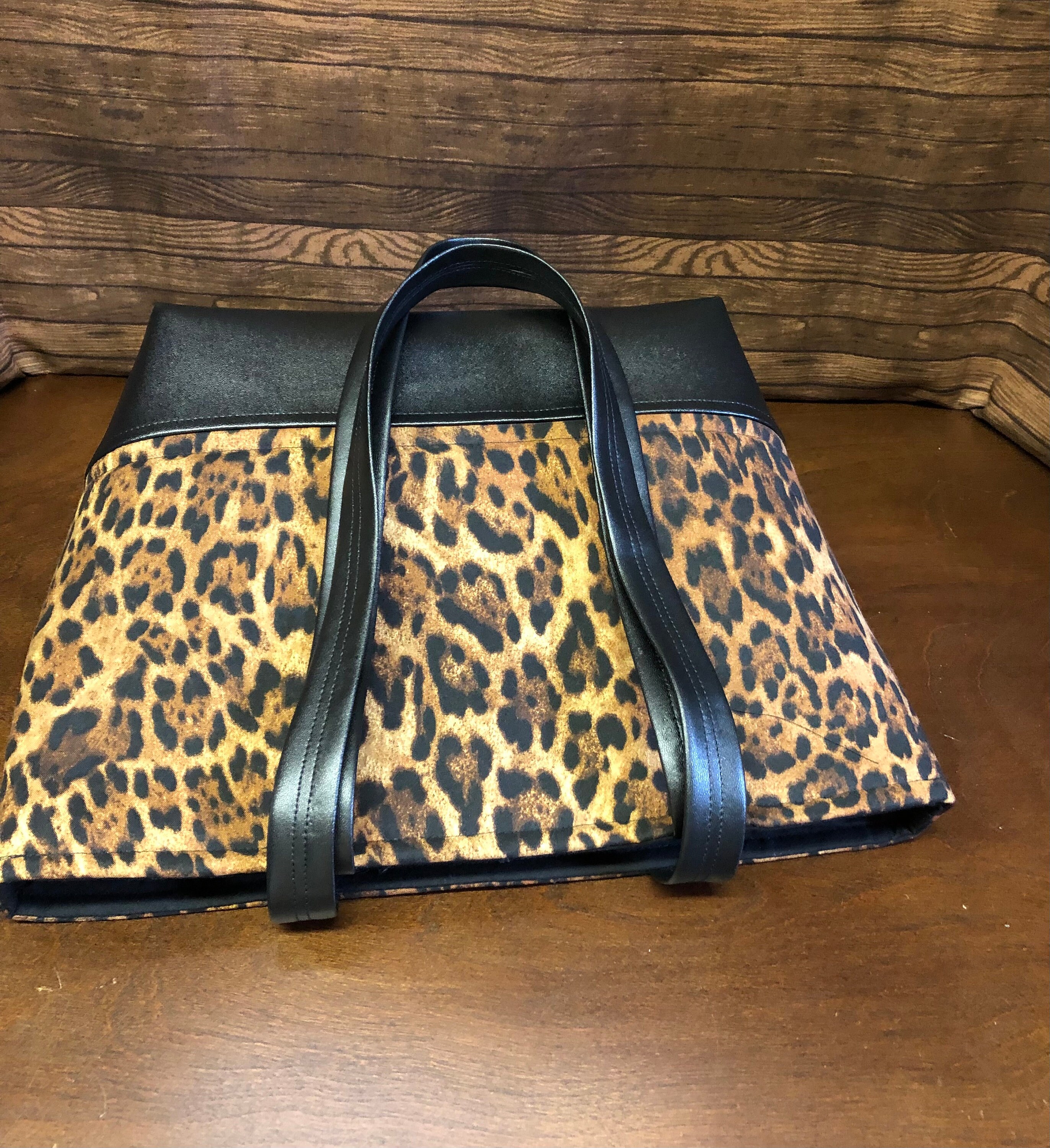 Large Leopard Skin Print Tote Bag With Faux Leather Botton and Straps ...