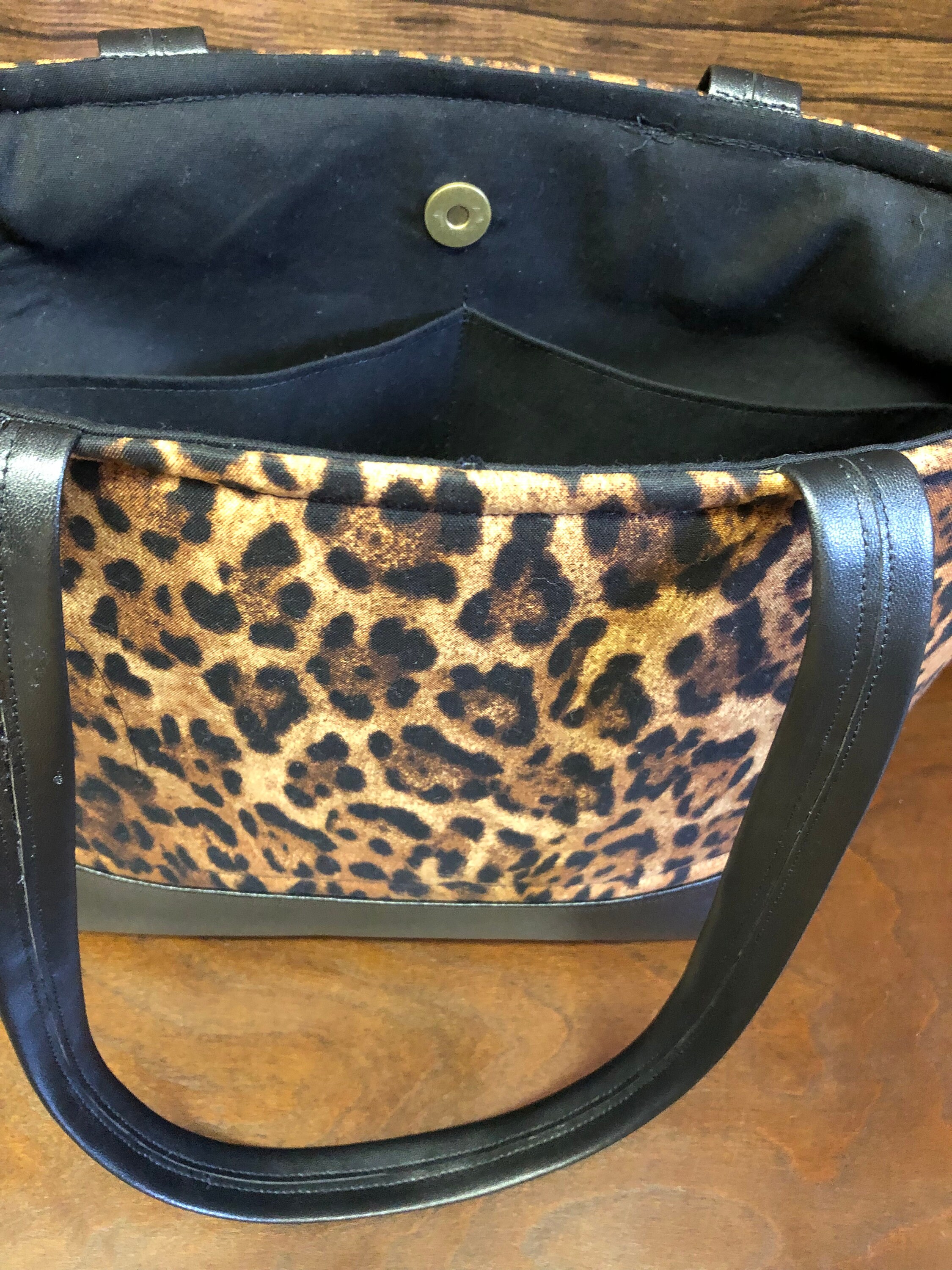 Large Leopard Skin Print Tote Bag With Faux Leather Botton and Straps ...